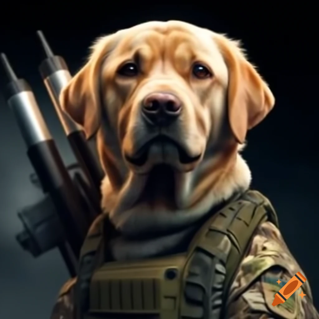 Cute Labrador wearing camo jacket with rocket launcher, playful design ...