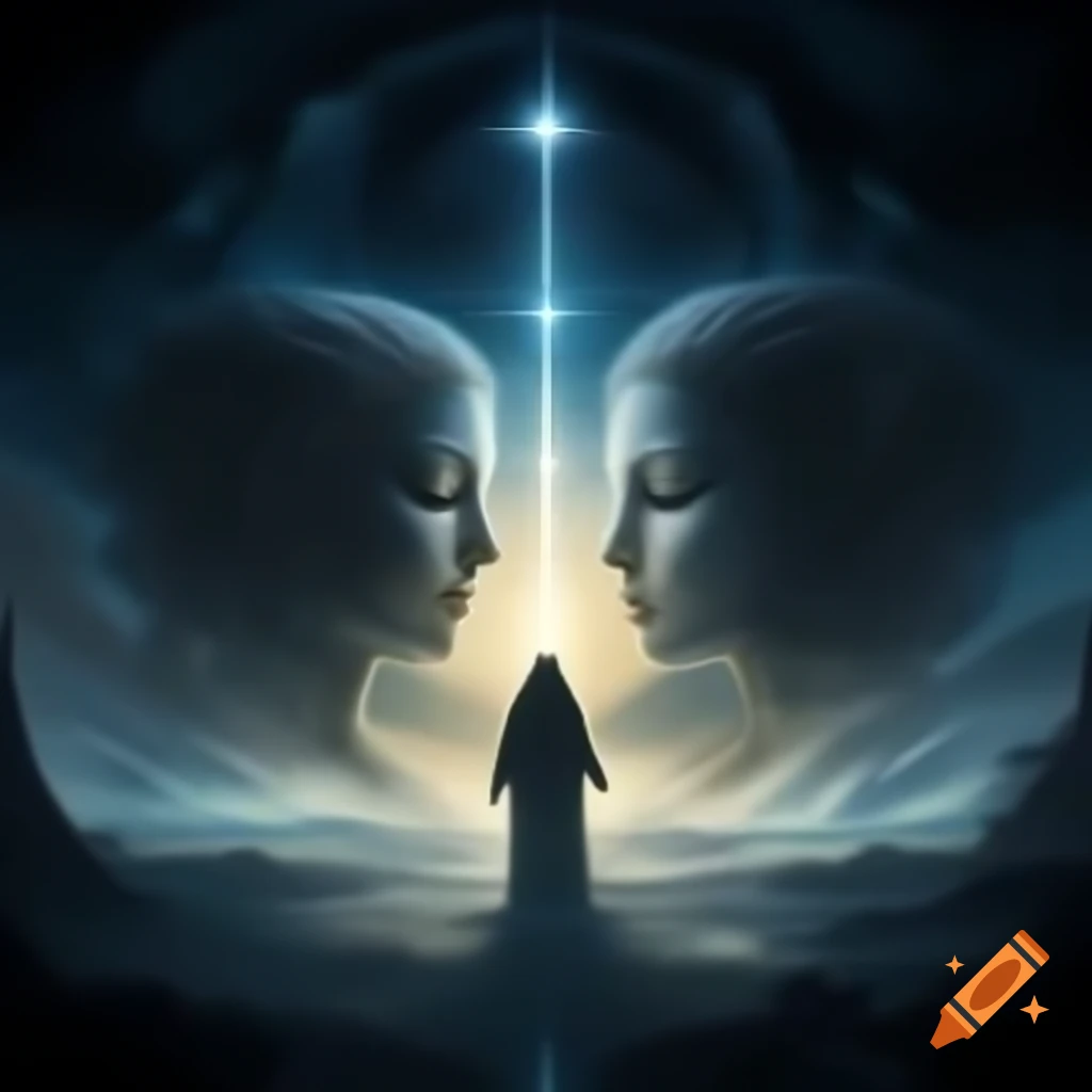 Symbolic shadow healing therapy with identical figures in dreamlike ...