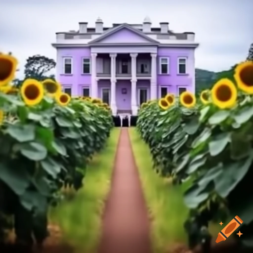 Lilac house with path and sunflower plantation view on Craiyon