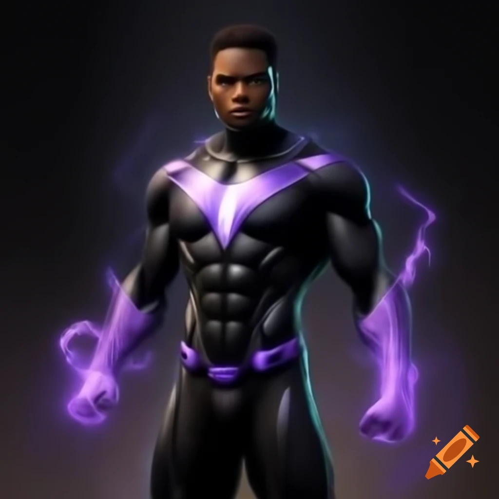 Black superhero in comic book style emitting light purple electricity ...