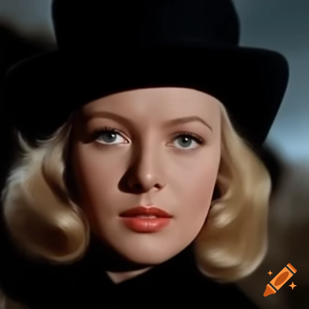 Woman resembling Ingrid Bergman in classic movie attire with black hat ...