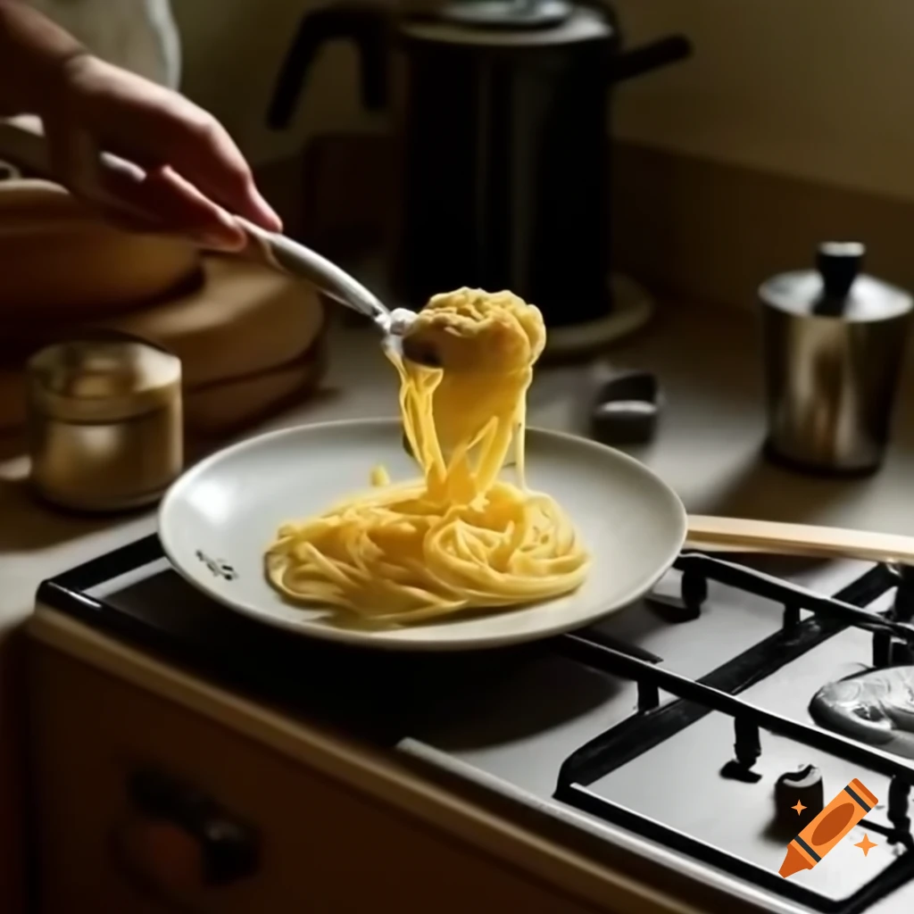 Kitchen scene with freshly cooked pasta garnished with spice on Craiyon