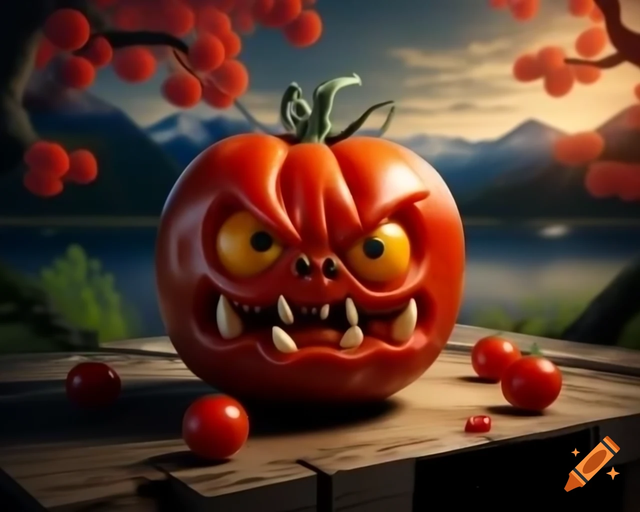 One-eyed tomato fruit monster on wooden table in forest with cherry ...