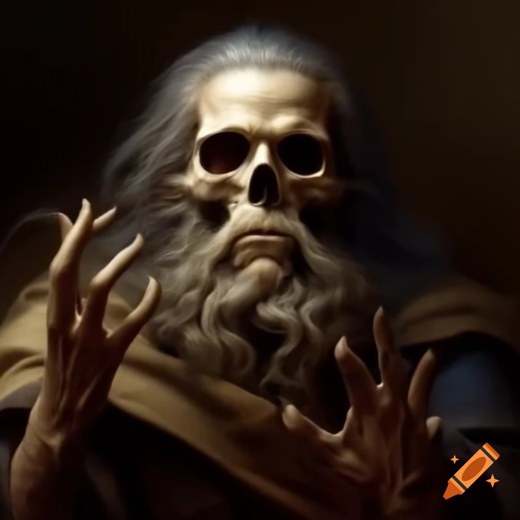 Skull with flowing beard gesturing for silence, symbolizing a hidden ...