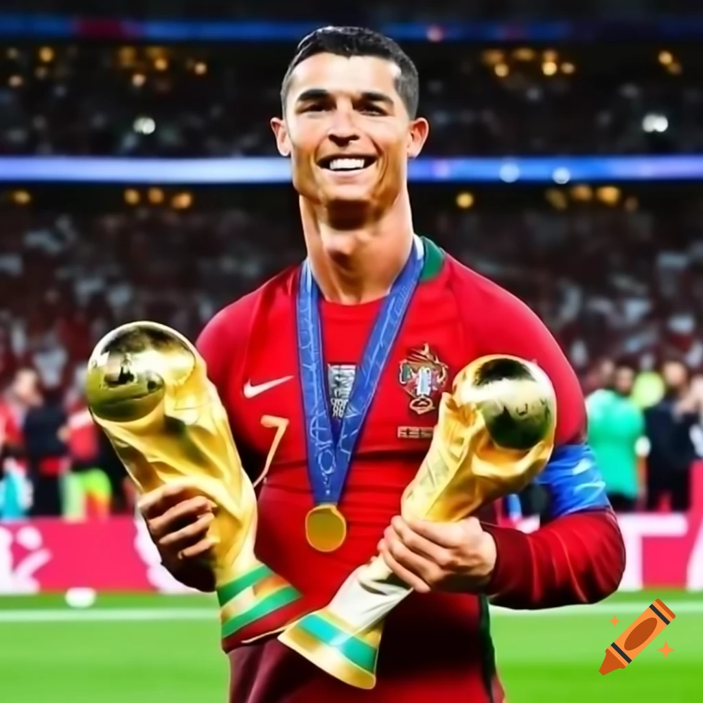 Cristiano Ronaldo celebrating with four FIFA World Cup trophies in packed stadium on Craiyon
