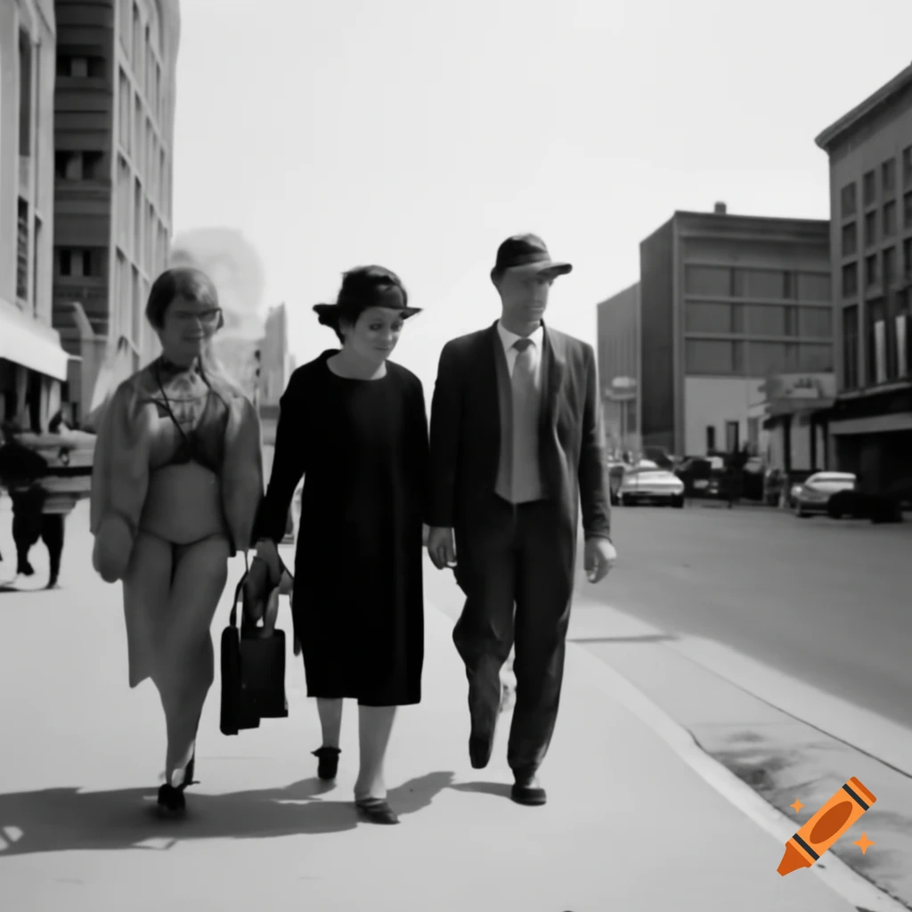Racially ambiguous couple walking in crowded downtown Hamilton streets ...