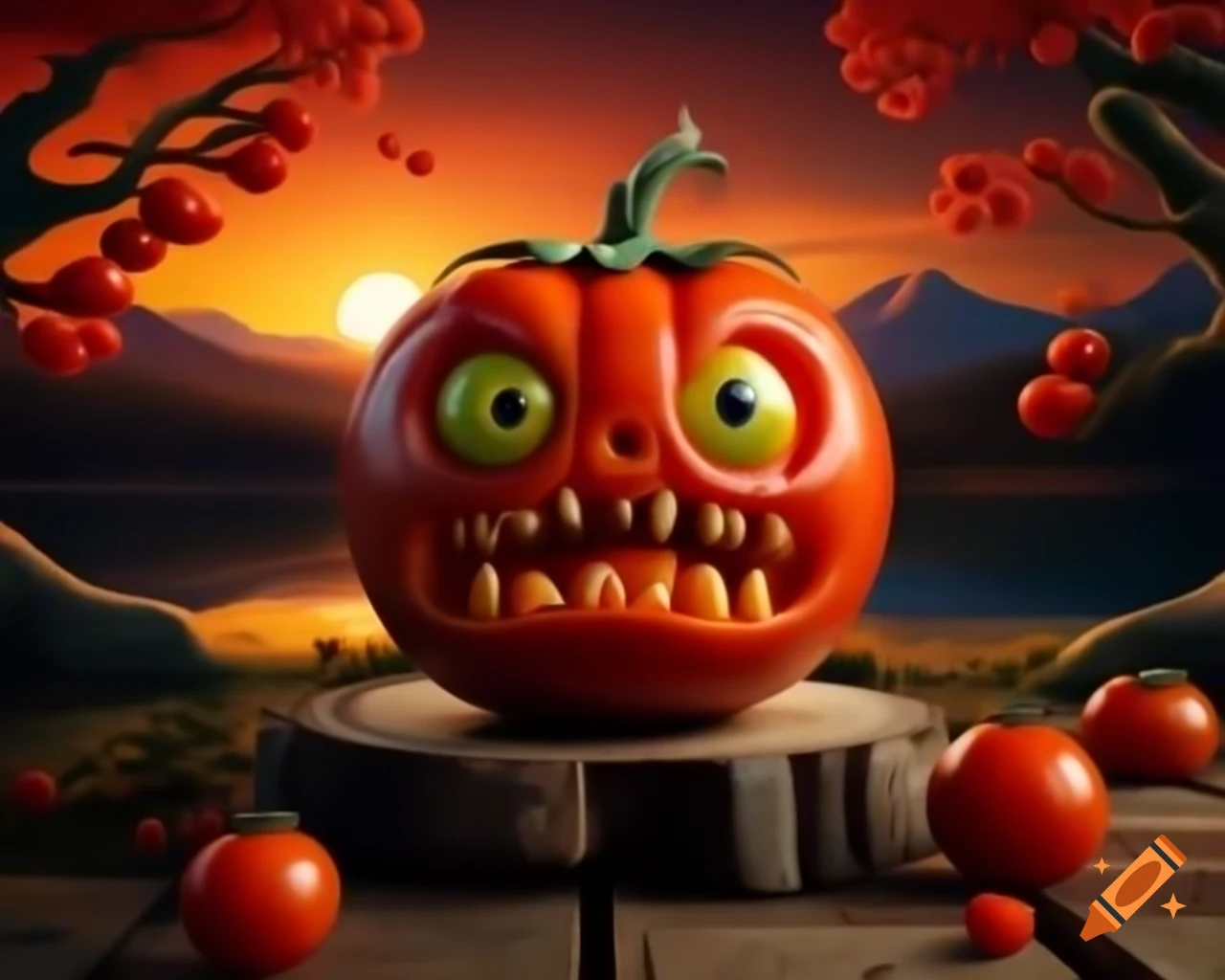 One-eyed tomato fruit monster on wooden table in forest with cherry ...