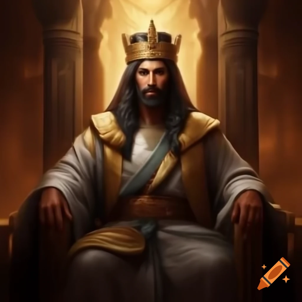 Middle Eastern king in royal robes on grand throne with glowing light ...