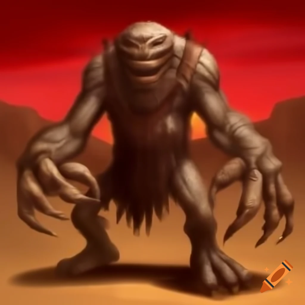 Ugly humanoid desert monster with clawed hands and bone growths against ...