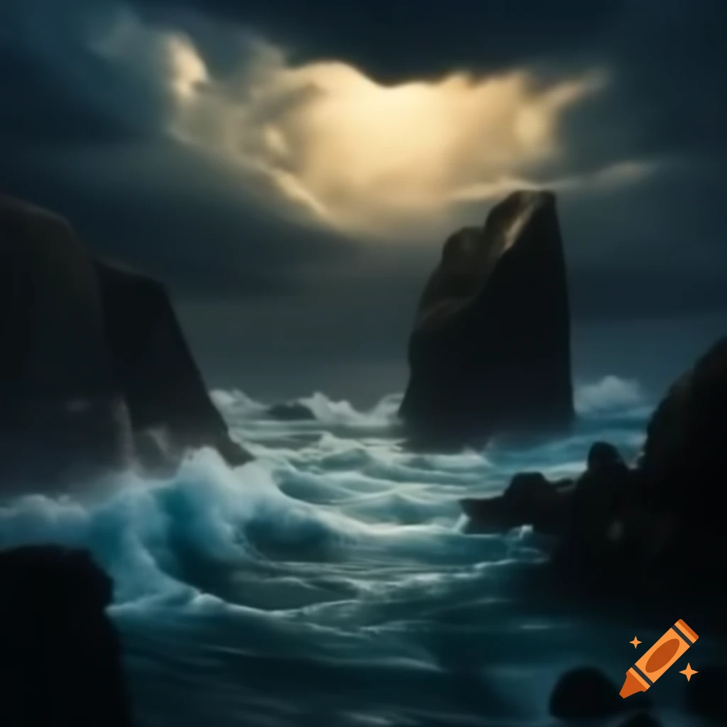 Ancient bones on dark ocean cliff during storm with glowing runes and ...