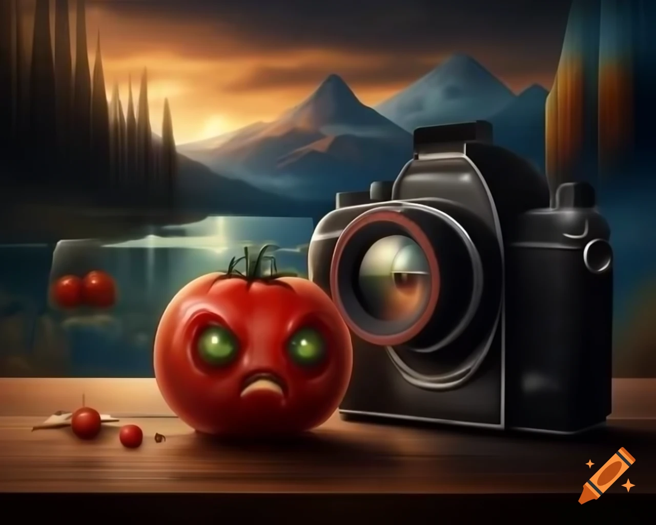 Close-up portrait of surreal one-eyed tomato fruit monster in ultra ...