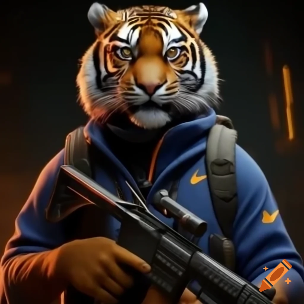 Animated tiger in Nike tech fleece holding a weapon on Craiyon