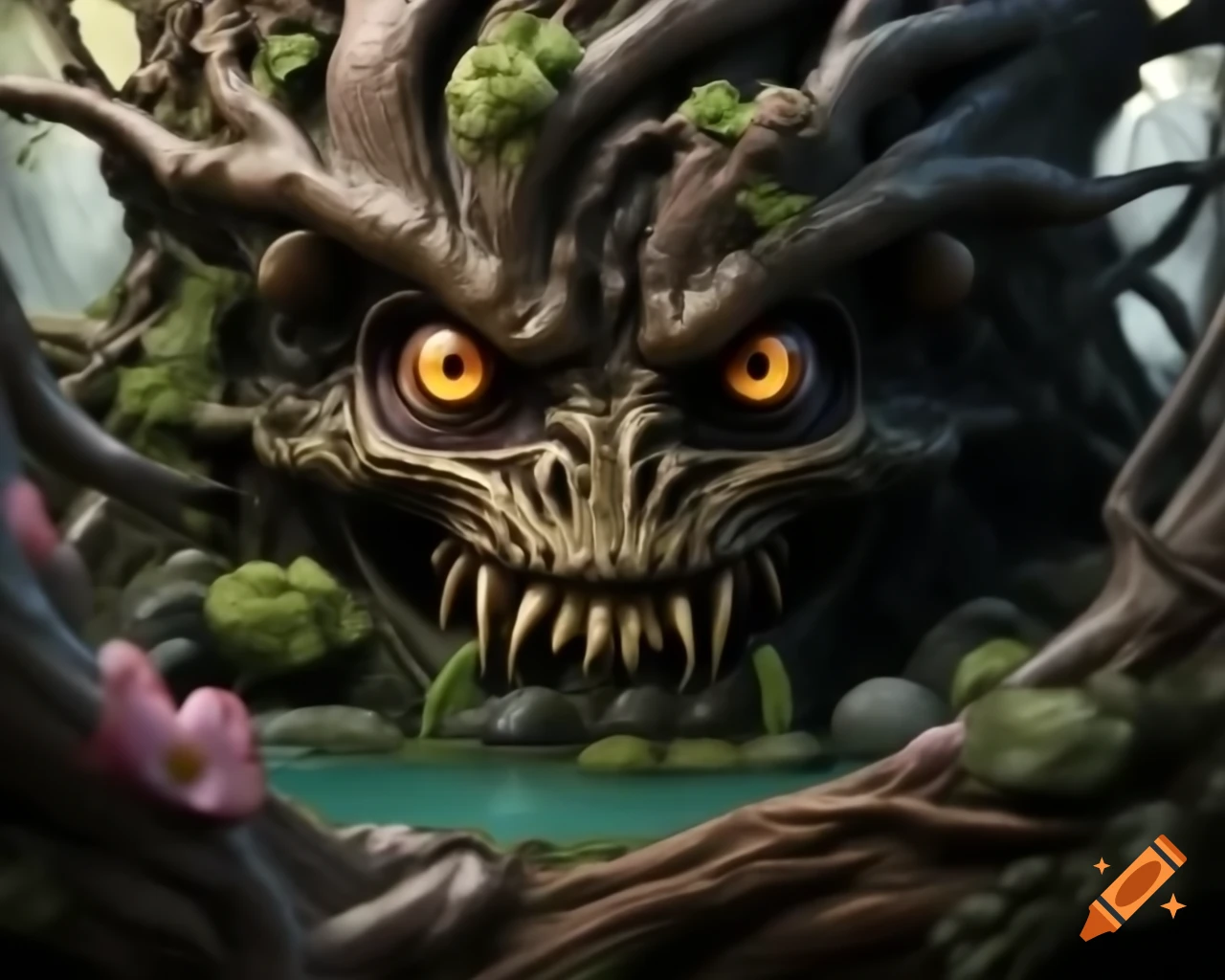 Hyper-realistic one-eyed tree monster portrait with flowers and leaves ...