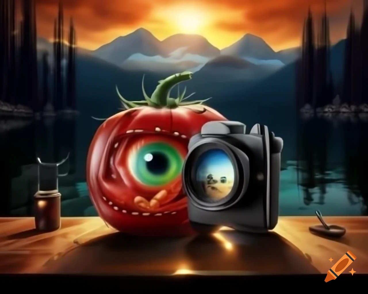 Close-up portrait of surreal one-eyed tomato fruit monster in ultra ...