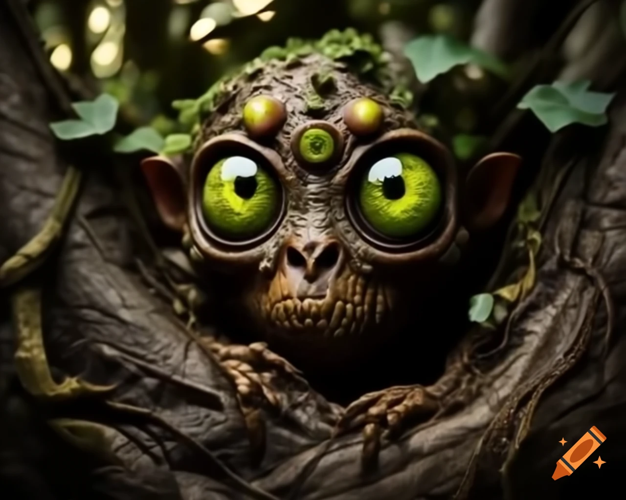Hyper-realistic portrait of one-eyed tree monster in golden-hued forest ...