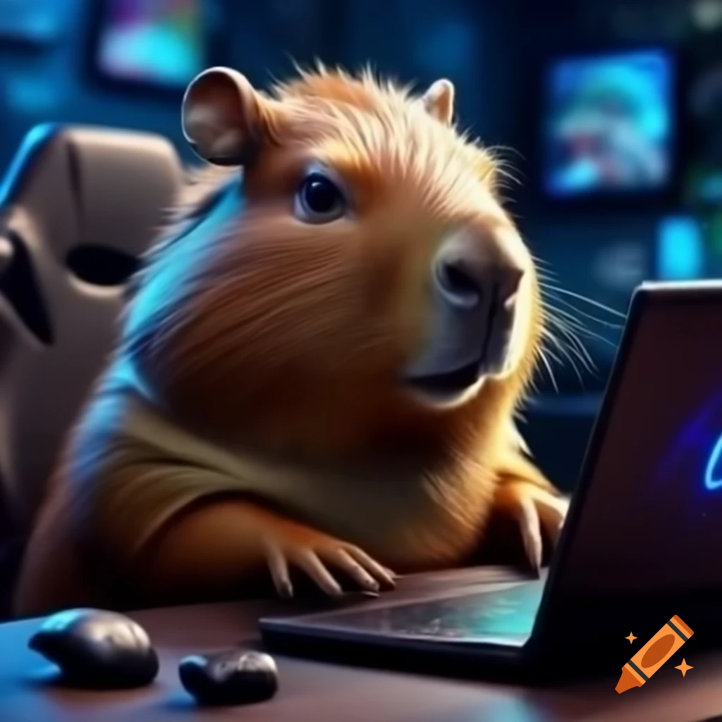 Capybara using a laptop in a gaming scenario on Craiyon