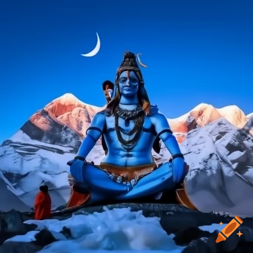 Lord Shiva meditating on Mount Kailash with crescent moon and flowing Ganga on Craiyon