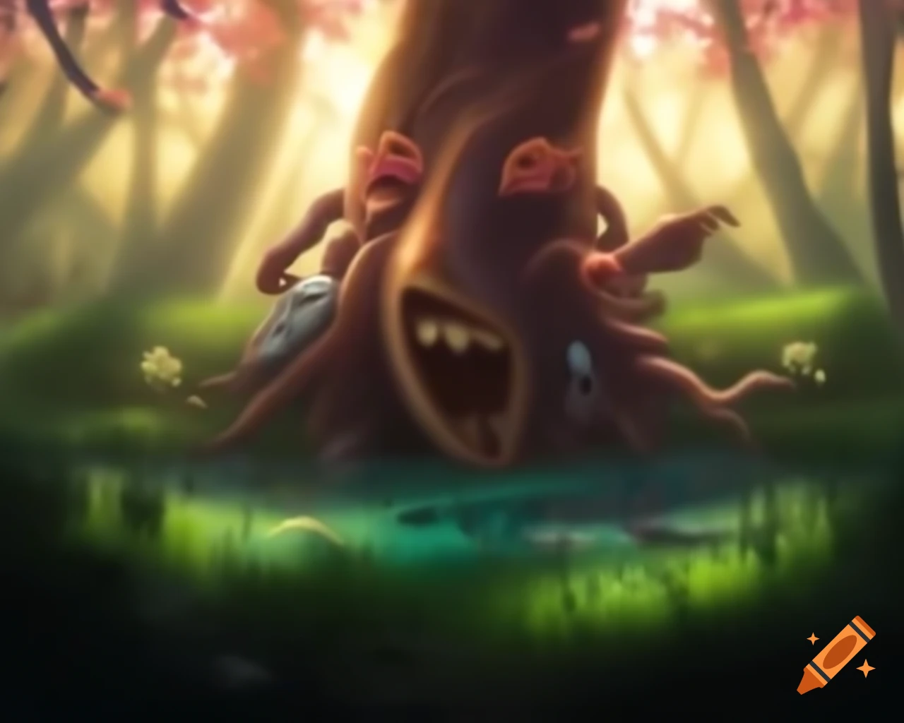 Surreal one-eyed tree monster created from tree bark in hyper-realistic ...