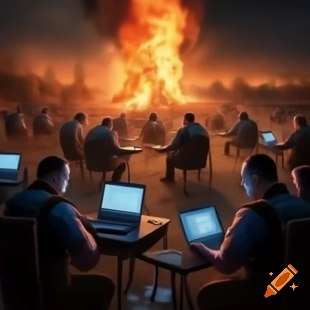 Police officers dancing around campfire with computer enthusiasts ...