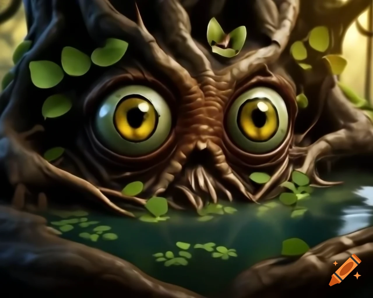 Surreal one-eyed tree monster made of bark and leaves in hyper ...