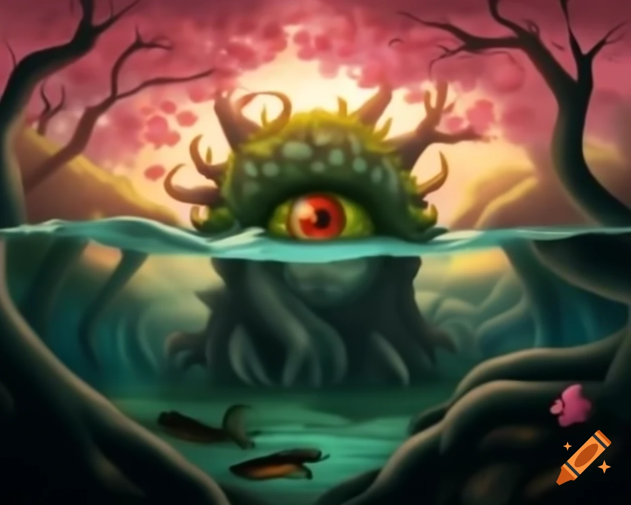 Surreal one-eyed tree monster crafted from tree bark in hyper-realistic ...