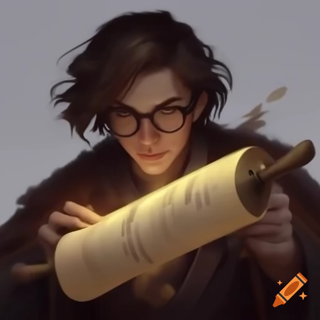 Novice mage with scrolls, messy hair, and glasses on Craiyon