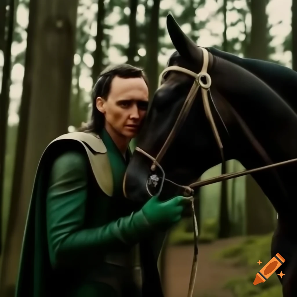 Tom Hiddleston as Loki in serene forest with black horse's lead on Craiyon