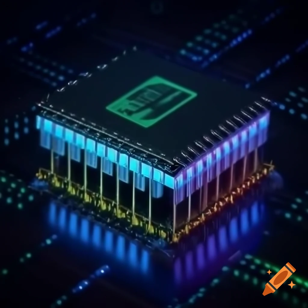 Computer chip connected by colorful laser beams to other chips on Craiyon