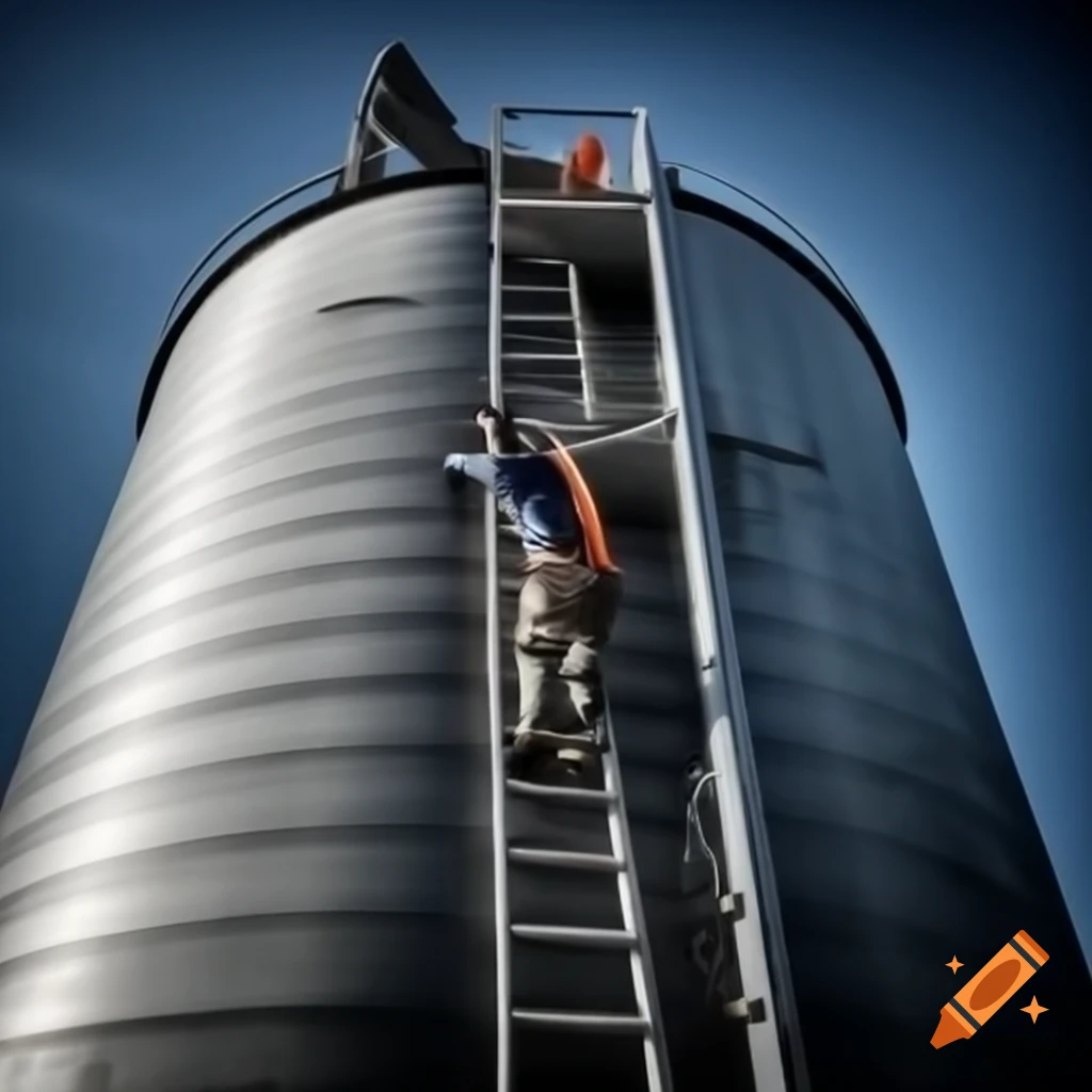 Worker climbing caged ladder on metal grain silo in safety equipment on ...