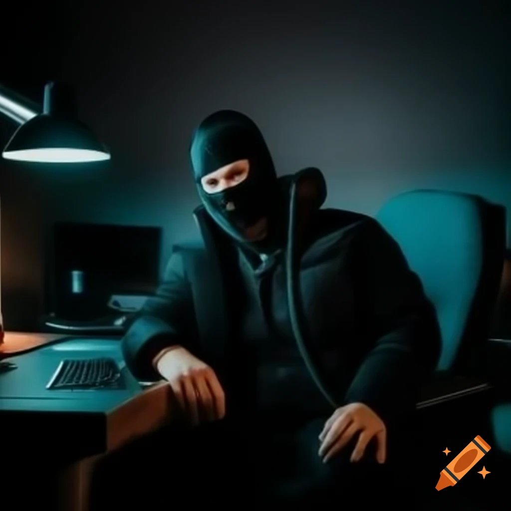 Man in black ski mask sitting at dark desk, smiling with computer glow ...
