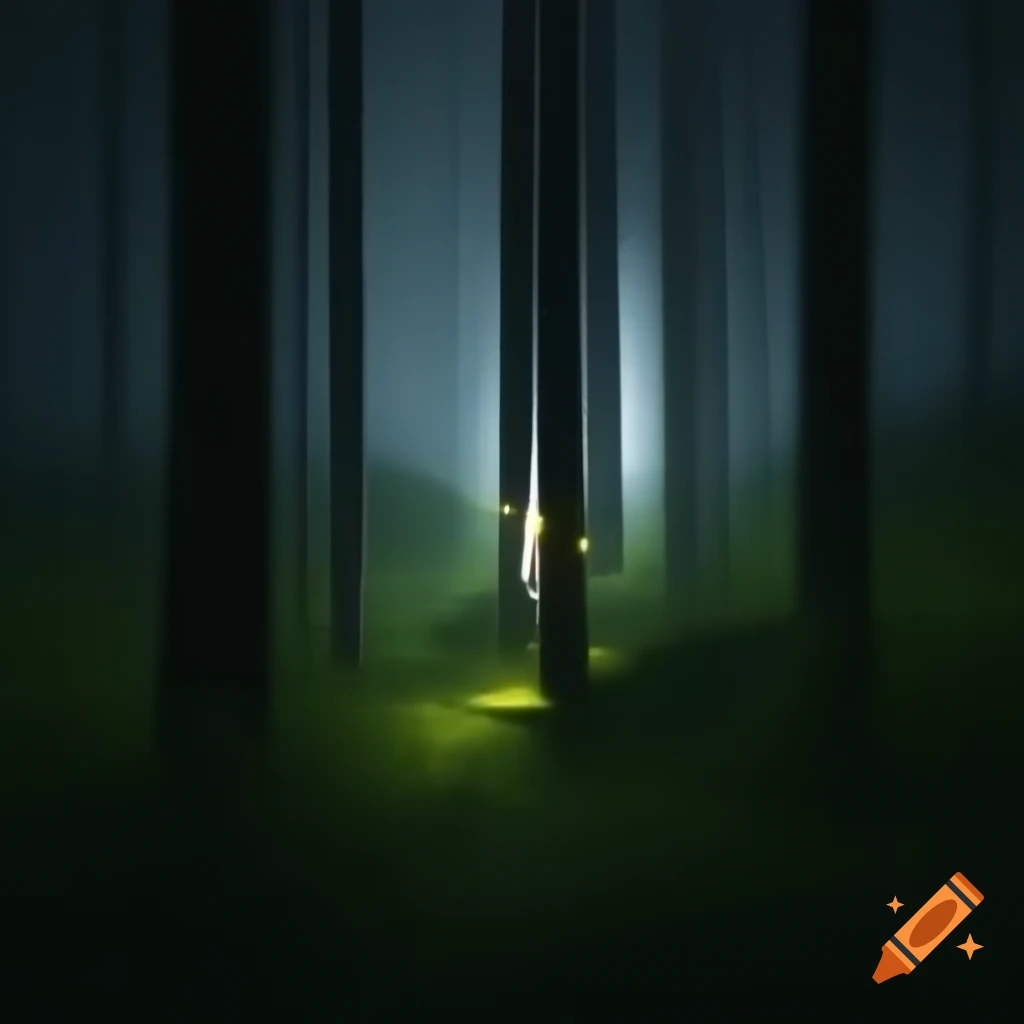 Dark forest with dim light and woman running frantically on Craiyon