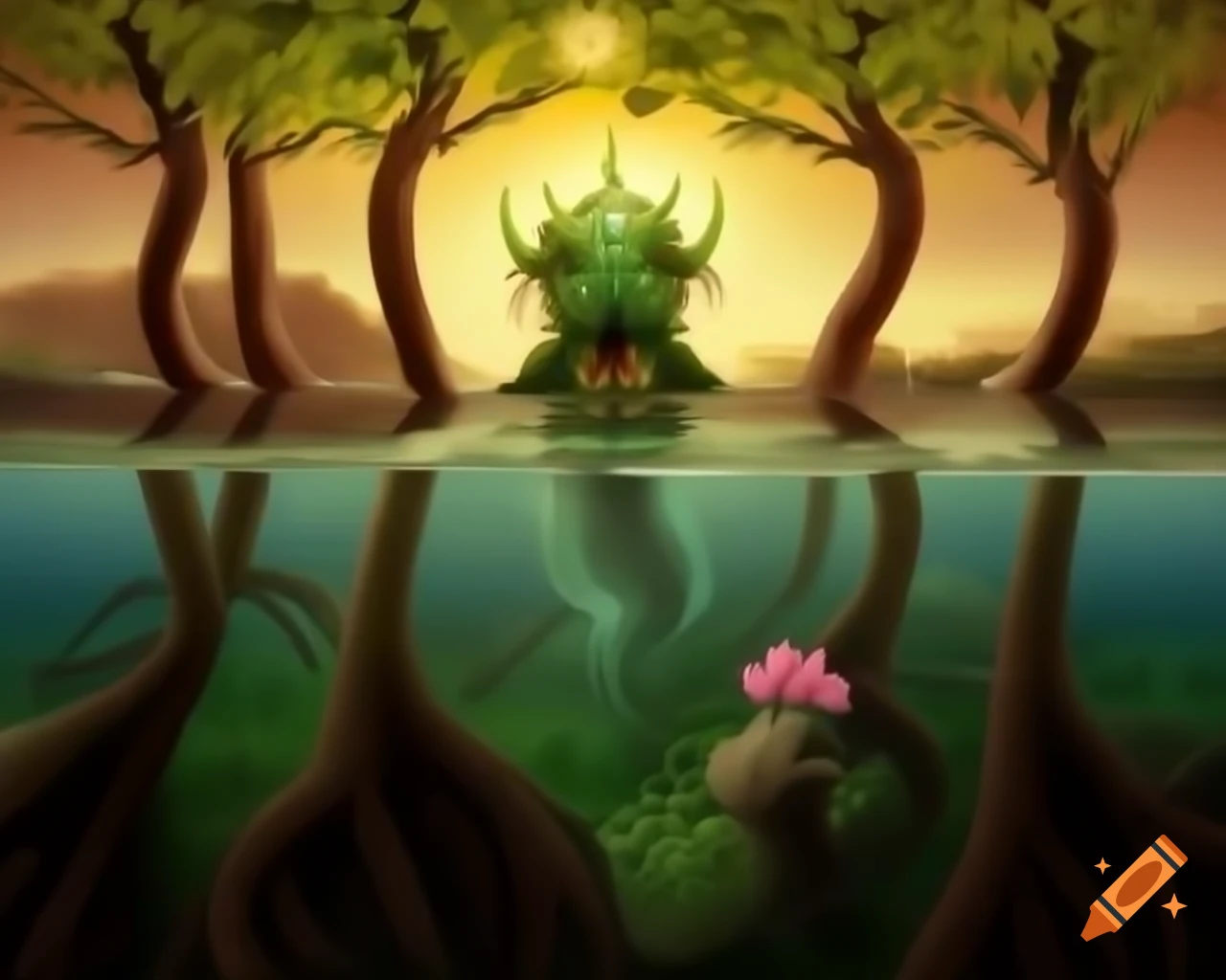 Surreal one-eyed tree monster crafted from tree bark in hyper-realistic ...