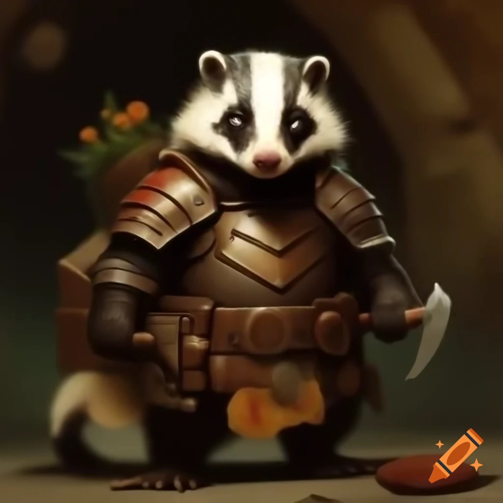 Cute badger in armor surrounded by ghosts, holding a flower on Craiyon