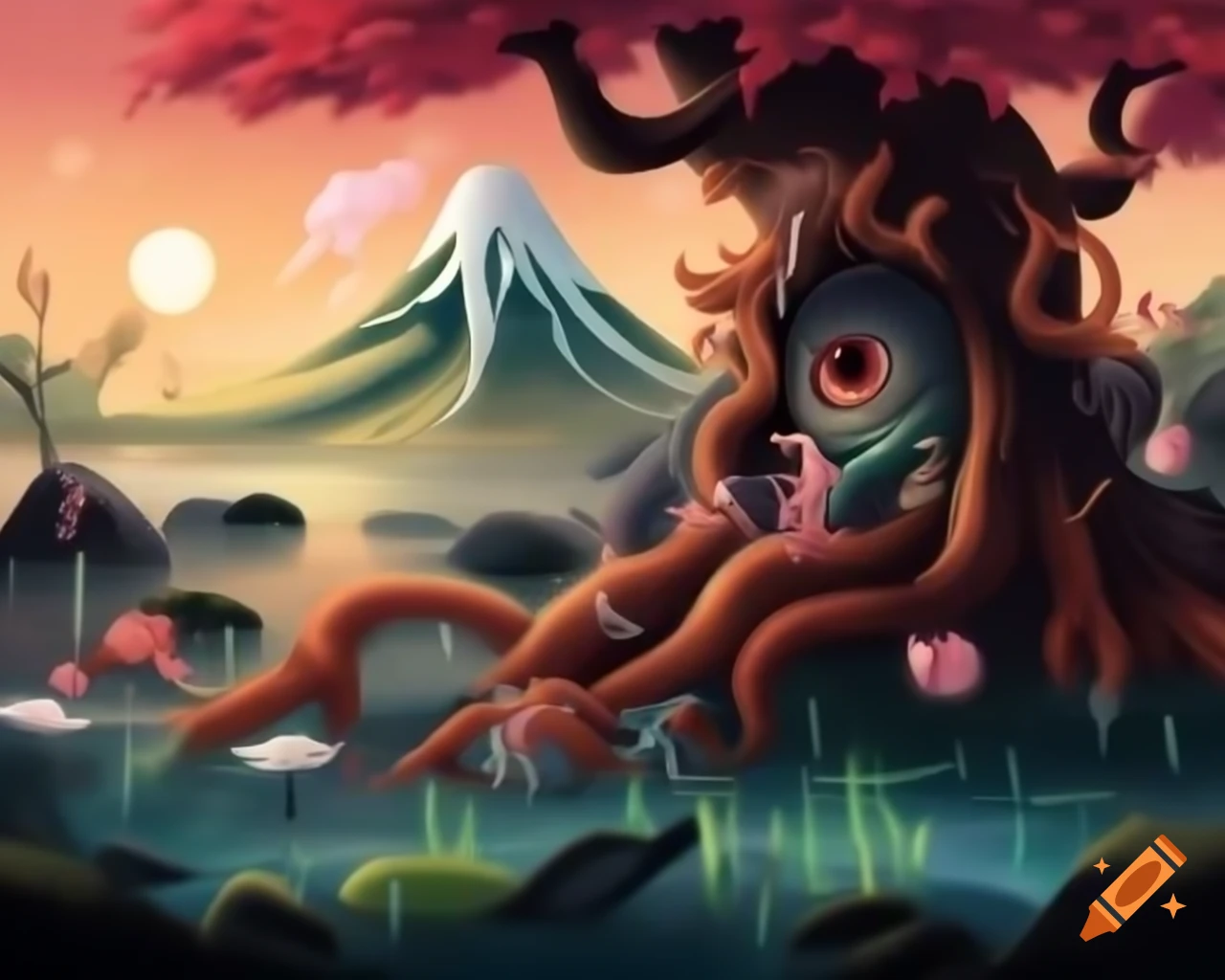 Surreal one-eyed tree monster made from bark in hyper-realistic ...