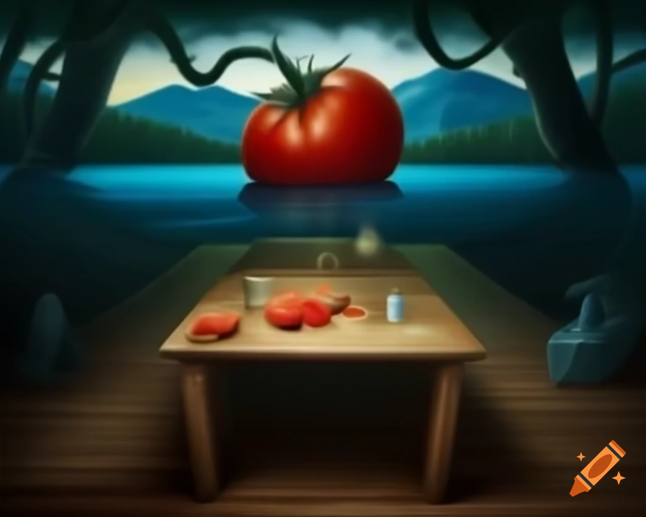 Close-up portrait of surreal one-eyed tomato fruit monster in ultra ...