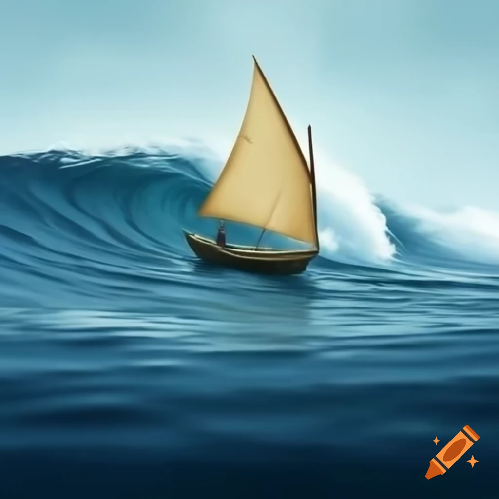 Man on small sailboat facing huge wave on vast sea on Craiyon