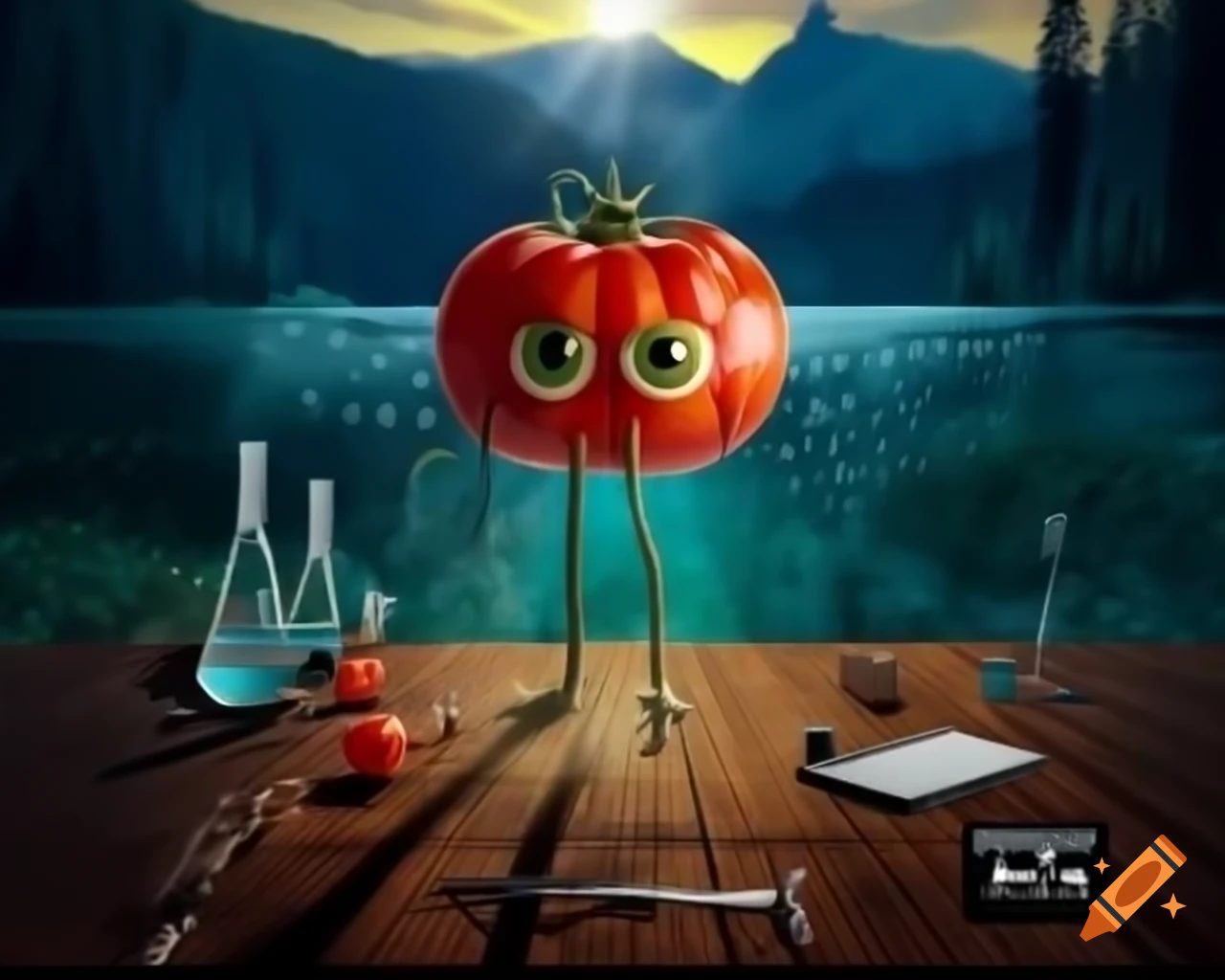 Surreal close-up of one-eyed tomato fruit monster in ultra-realistic ...