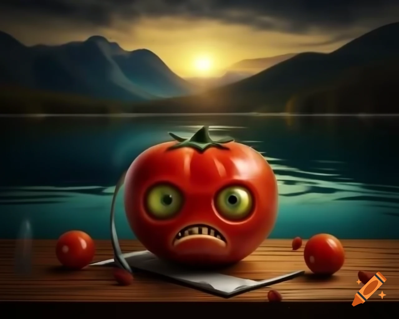 Close-up portrait of surreal one-eyed tomato fruit monster in ultra ...