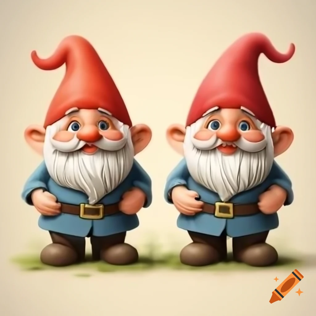 Detailed cartoon illustration of two smiling garden gnomes on Craiyon