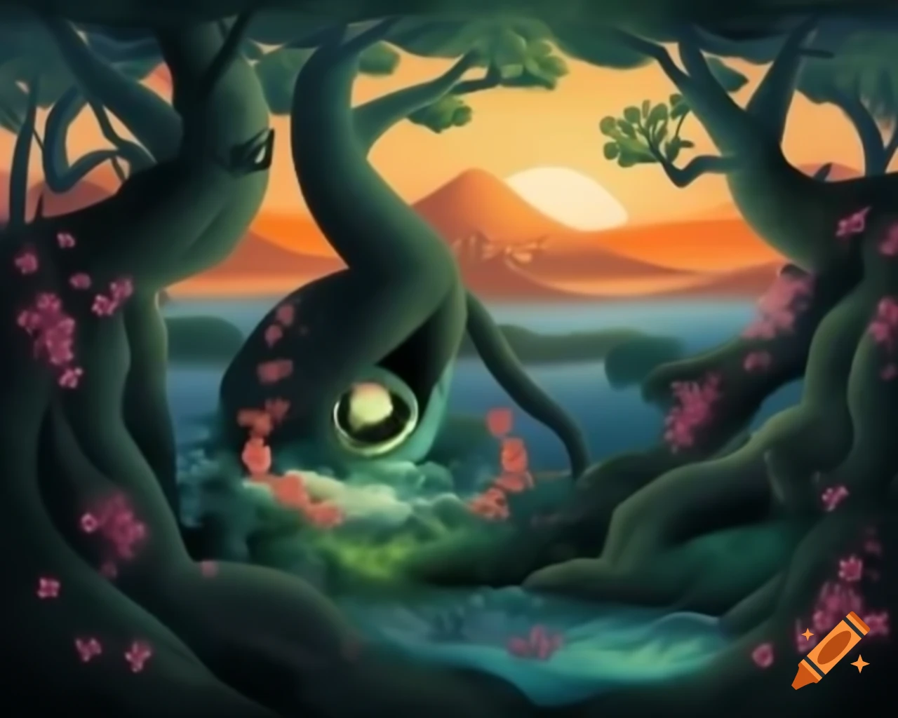 Surreal one-eyed tree monster created from tree bark in hyper-realistic ...