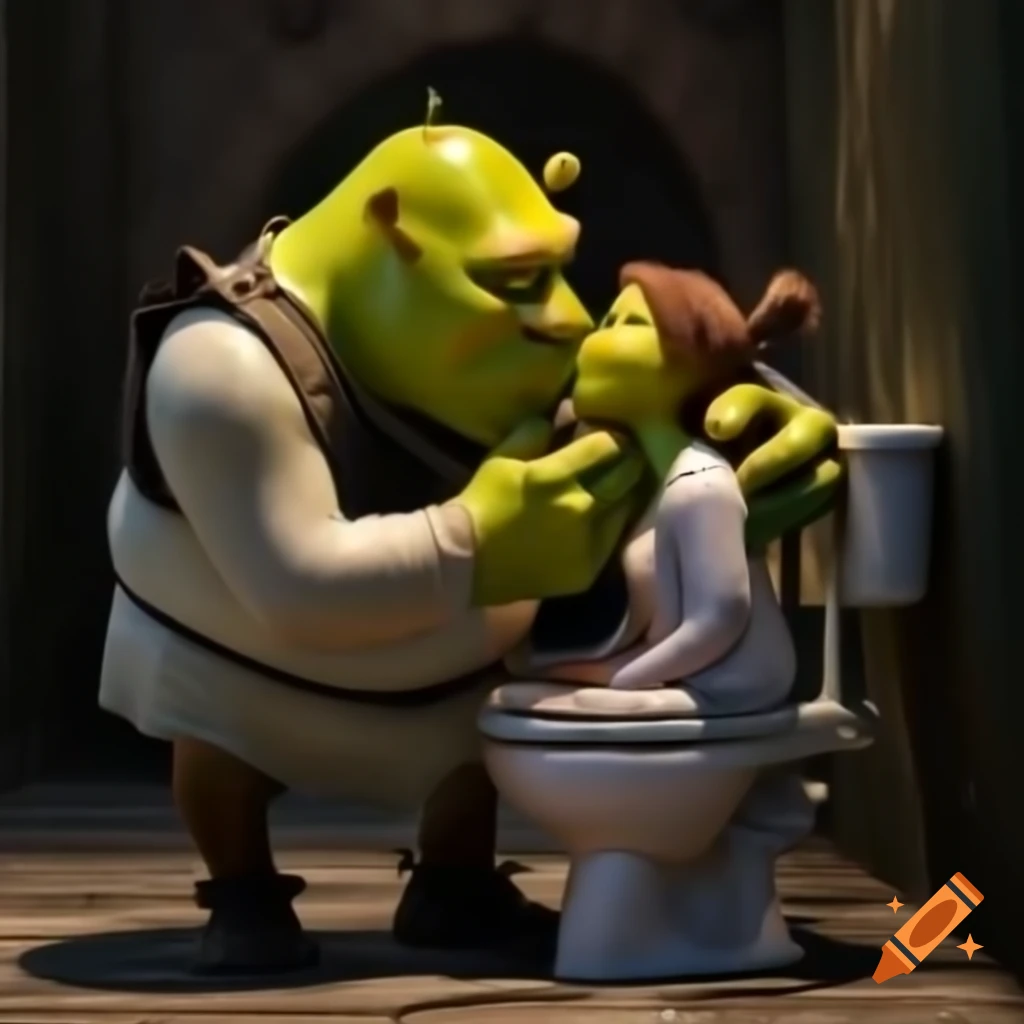 Humorous scene of skibidi toilet interacting with Shrek on Craiyon