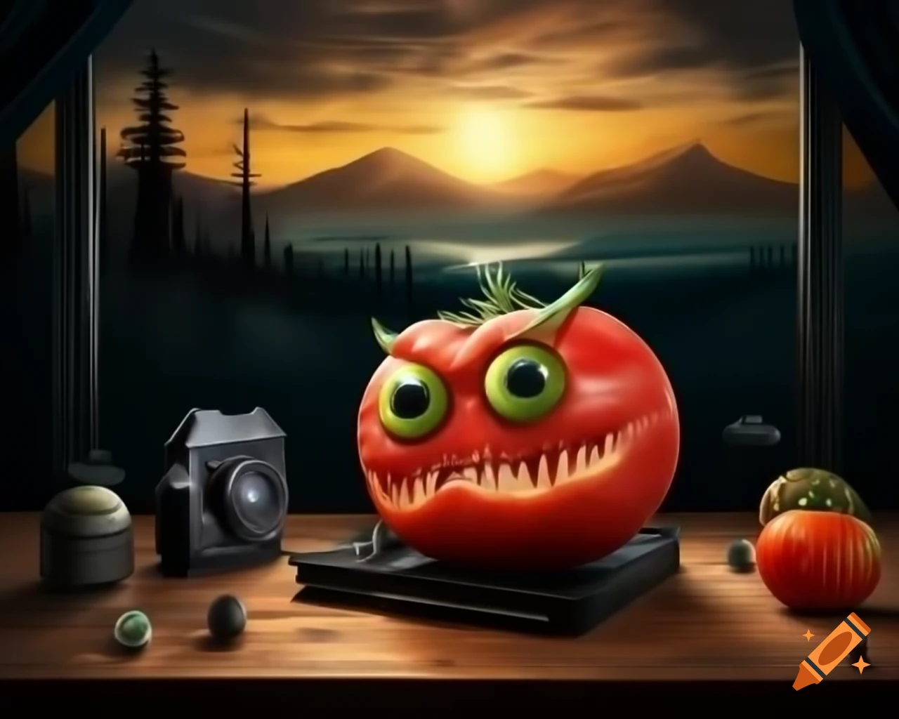 Close-up of surreal one-eyed tomato fruit monster in micro photoshoot ...