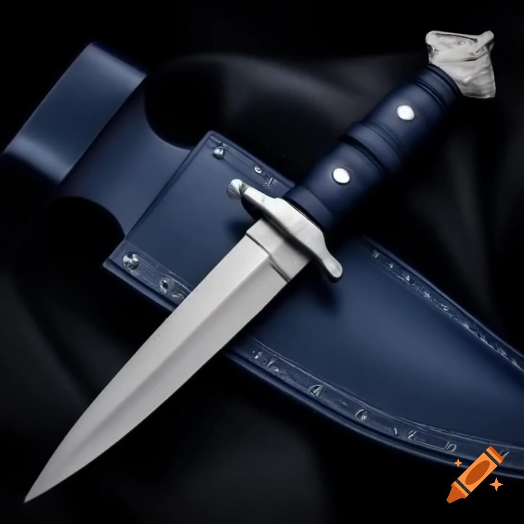 Steel dagger with star motifs and dark blue leather grip on Craiyon