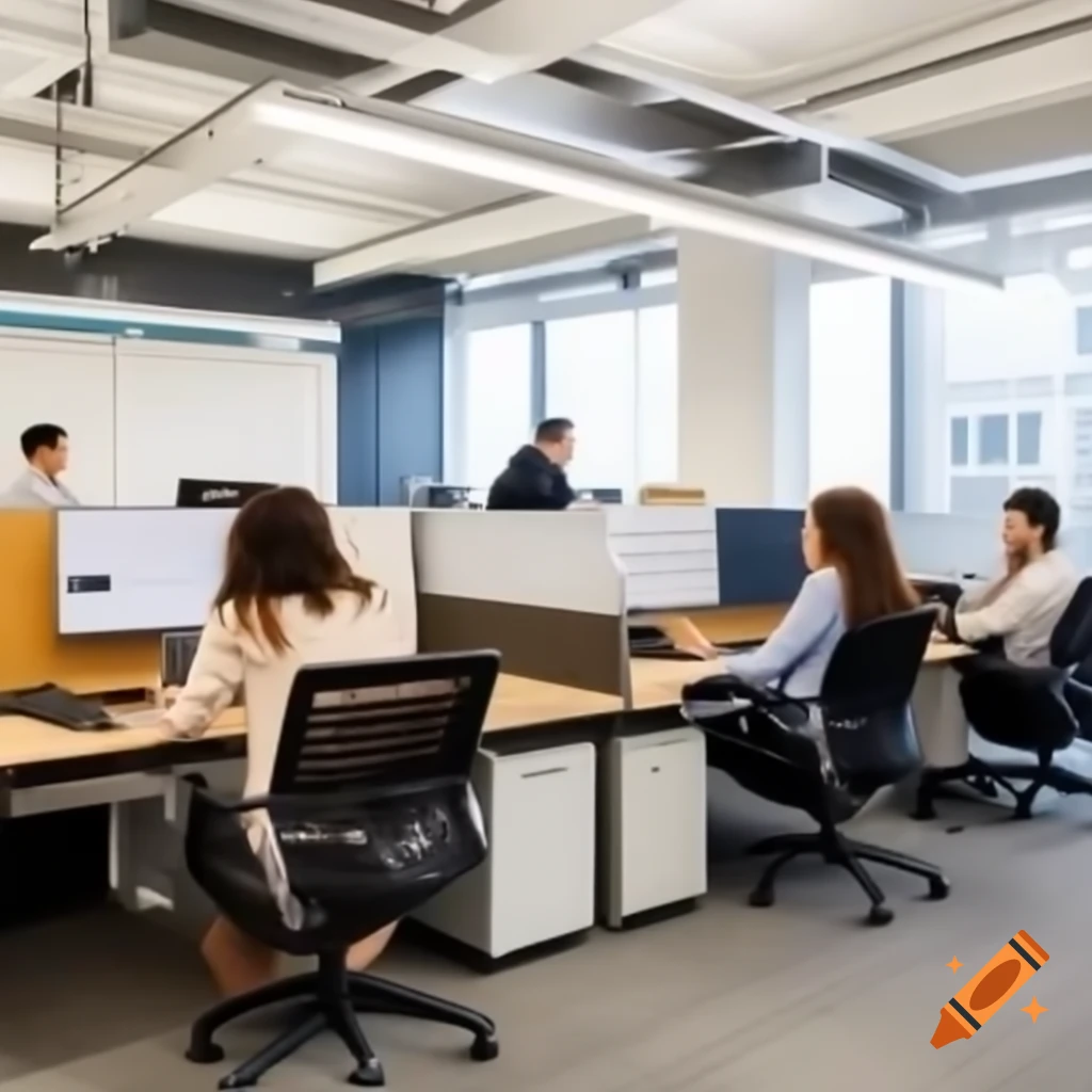 Office area design with seating arrangement for six at work station on ...