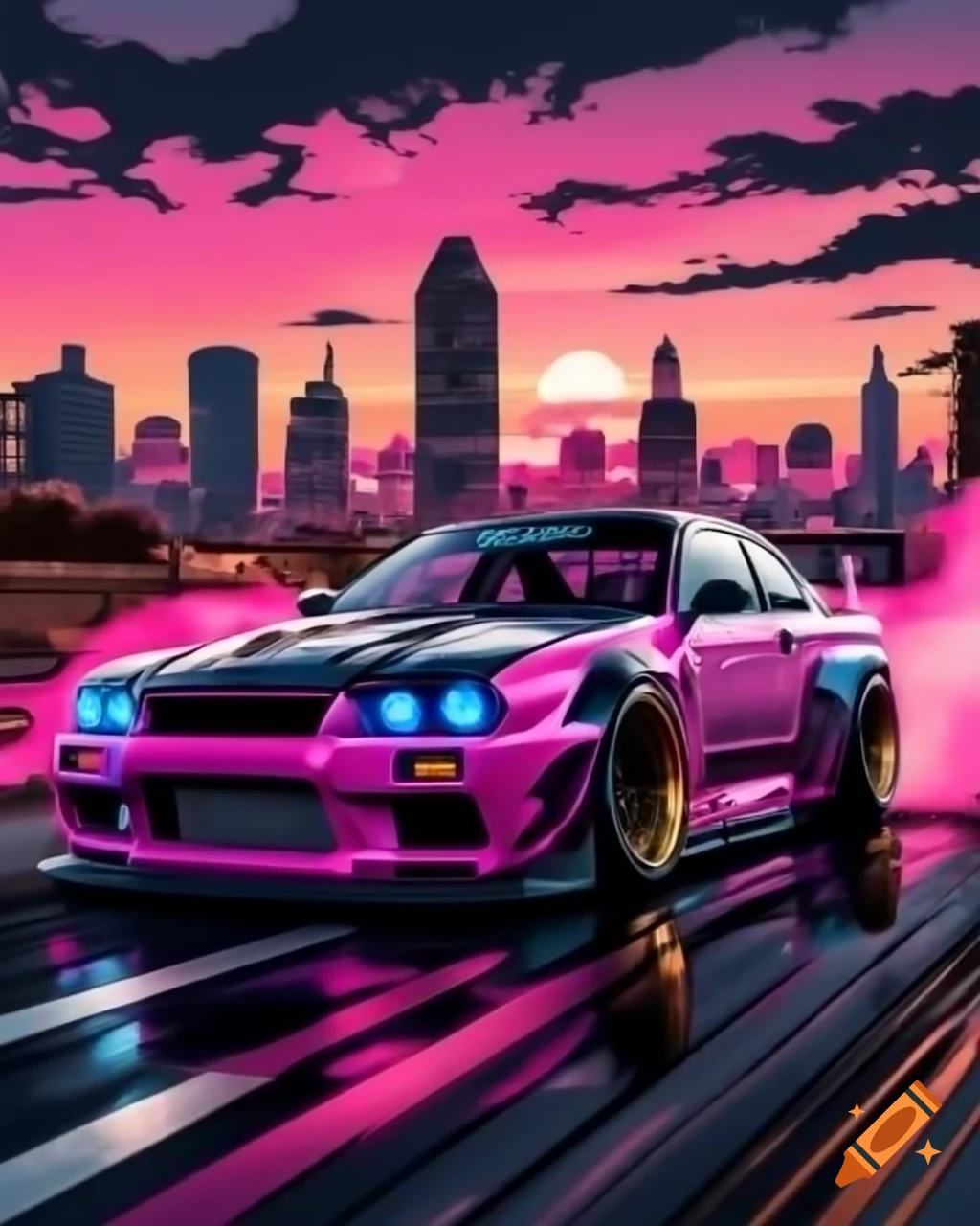 Salmon pink skyline R34 drifting in city with retro sunset on Craiyon
