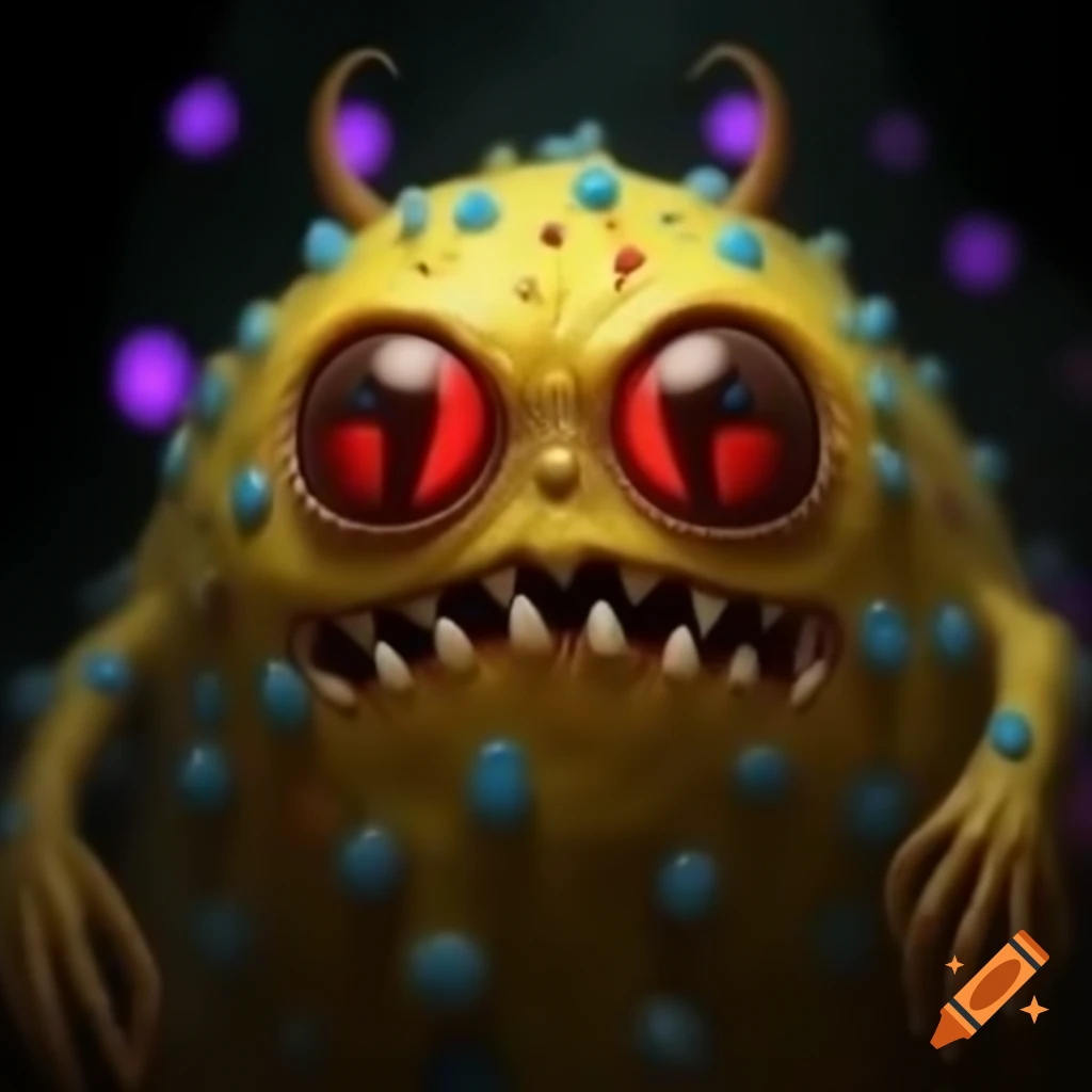 Intimidating yellow creature with red eyes and blue spots illuminated ...