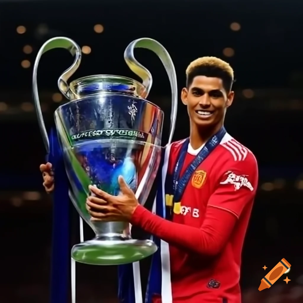 Marcus Rashford celebrating with Champions League trophy in Manchester ...