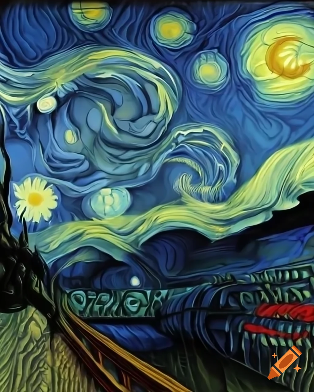 Van Gogh inspired red spiral clouds with moon and river, high ...