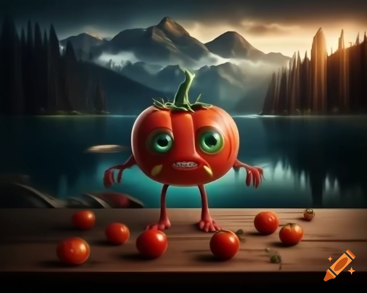 Surreal close-up of one-eyed tomato fruit monster in ultra-realistic ...