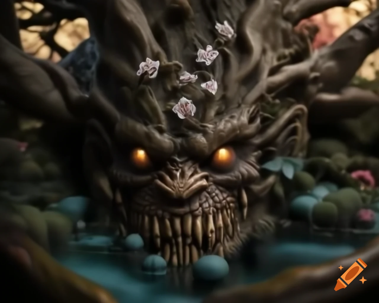 Hyper-realistic one-eyed tree monster portrait with flowers and leaves ...